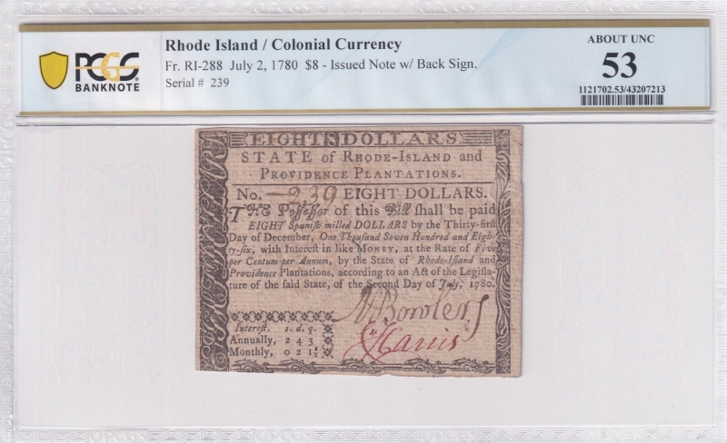 1780 Rhode Island $8 - Colonial Currency - PCGS AU53
