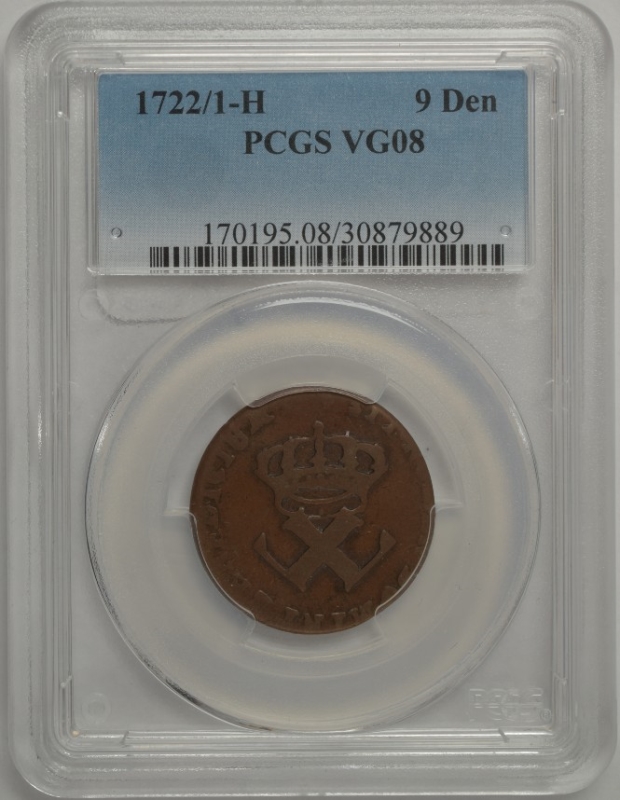 1722/1-H French Colonies 9 Deniers - Louis XV - PCGS VG08