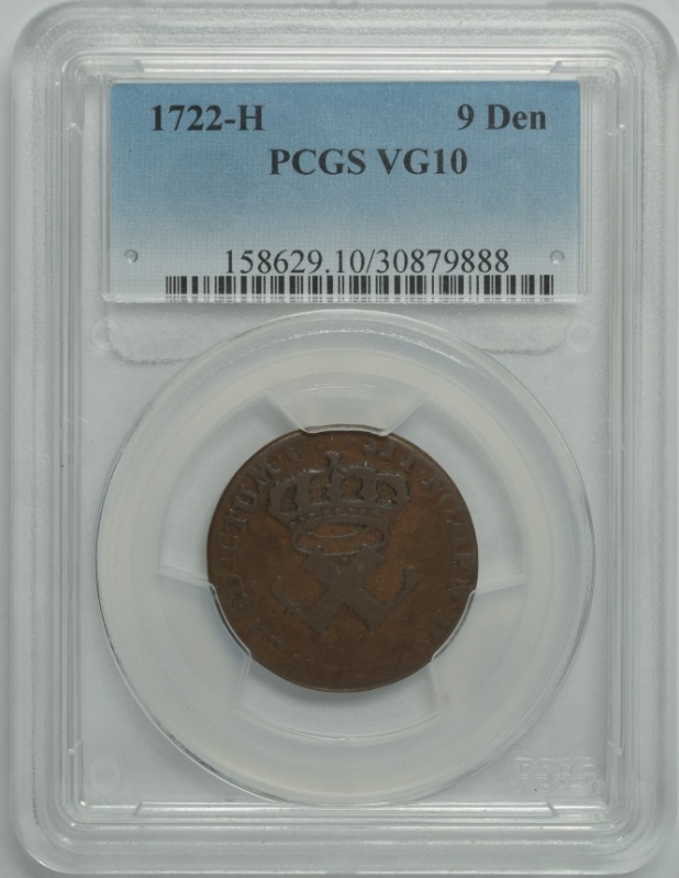 1722-H French Colonies 9 Deniers - Louis XV - PCGS VG10