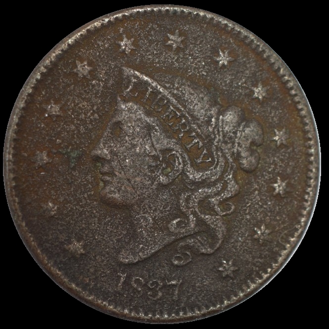 1837 U.S. 1¢ - Liberty Matron Head Large Cent - VF (Corrosion)