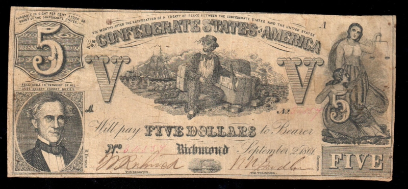 1861 $5 Confederate States Note Richmond, VA T37 - Fine, Cut Cancelled