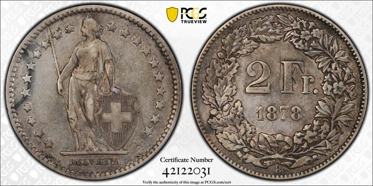 1878-B Switzerland 2 Francs - Helvetia Standing - PCGS VF35 (Silver)