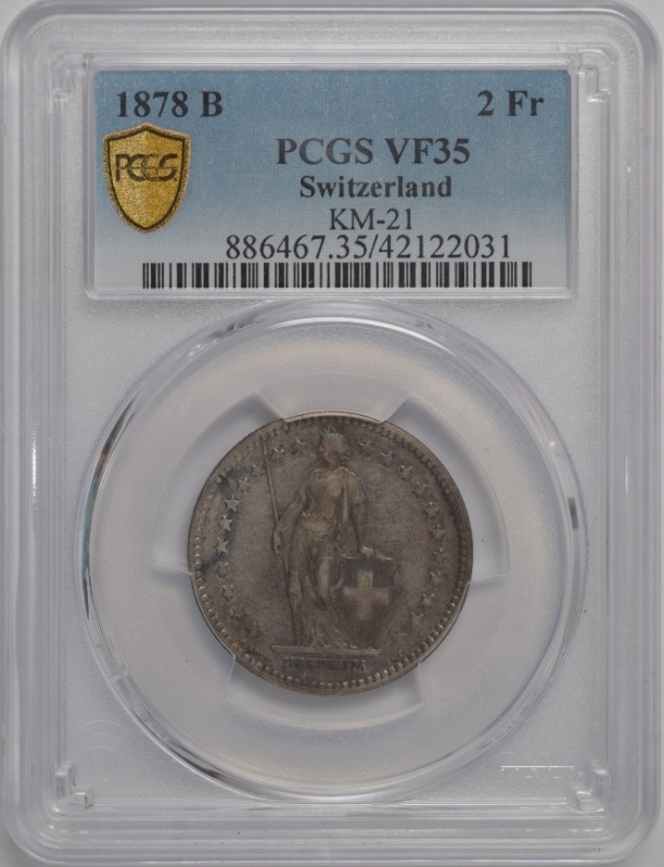 1878-B Switzerland 2 Francs - Helvetia Standing - PCGS VF35 (Silver)
