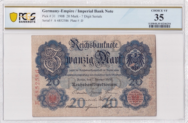 1908 Germany 20 Mark - Reichsbanknote - PCGS Choice VF35