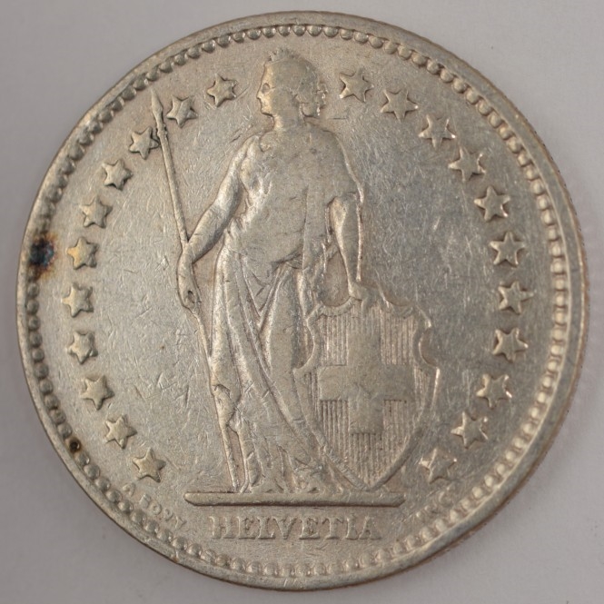1916-B Switzerland 2 Francs (Silver) - Helvetia Standing