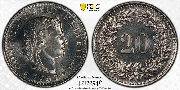 1962-B Switzerland 20 Rappen - Libertas - PCGS MS65