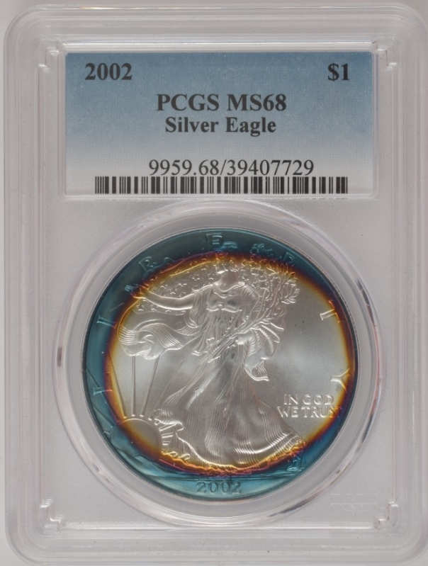 2002 U.S. $1 - American Silver Eagle - PCGS MS68 (Great Toning!)