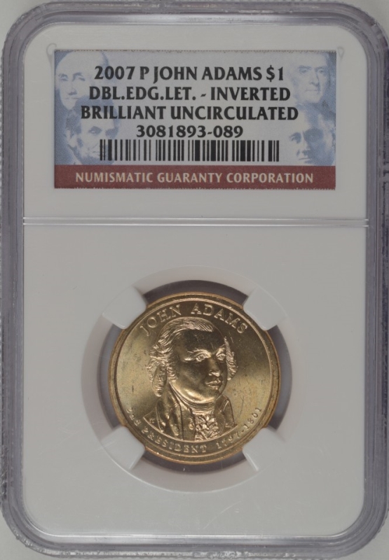 2007-P U.S. $1 - John Adams - NGC BU (Double Edge Lettering Inverted!)