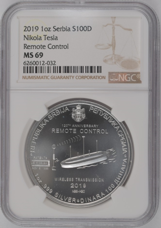 2019 Serbia 100 Dinara - Nikola Tesla: Remote Control - NGC MS69