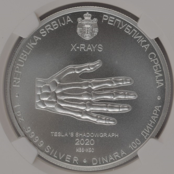 2020 Serbia 100 Dinara - Nikola Tesla: X-Ray (1oz Silver) - NGC MS70