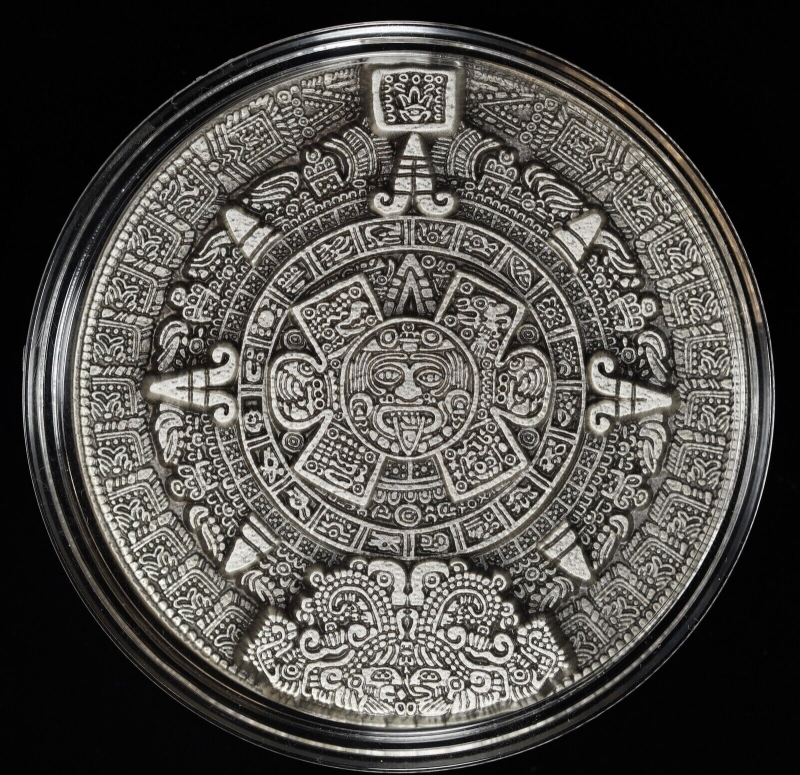 2022 South Korea - Aztec Sun Stone Calender - 2oz Antiqued Silver Stacker