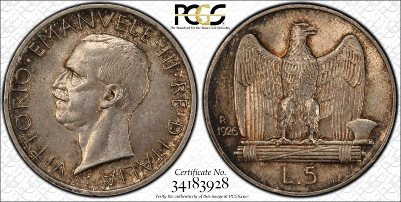 1926-R 5L Italy 5 Lire - PCGS MS 62