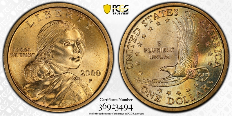 2000-P $1 Sacagawea Dollar Reverse Toning! True View! - PCGS MS65 36923494