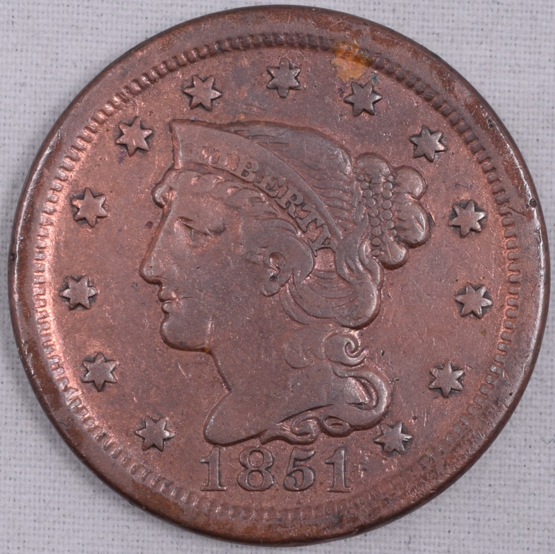 1851 U.S. 1¢ - Liberty Head Braided Hair Large Cent - VF+ (Rim Ding)