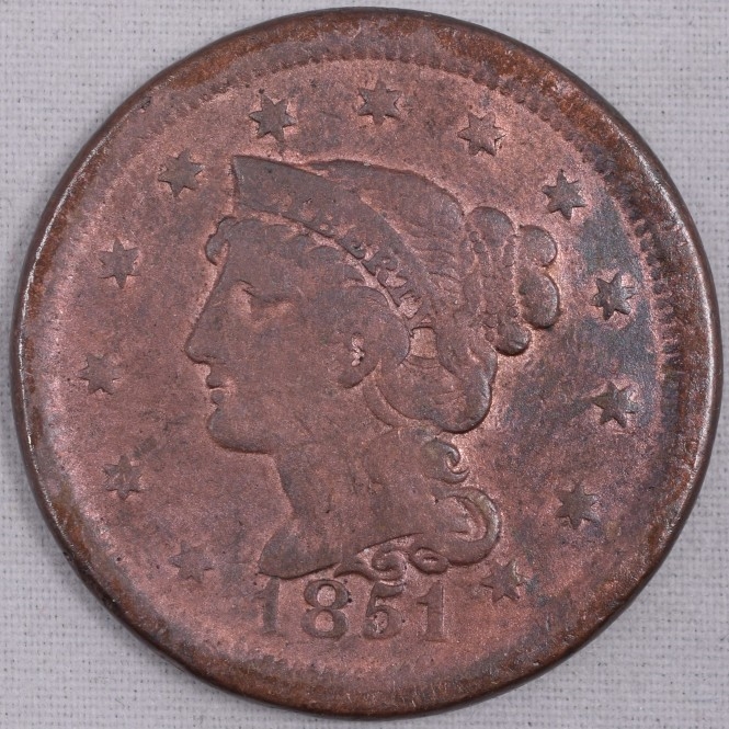 1851 U.S. 1¢ - Liberty Head Braided Hair Large Cent - F Cl.
