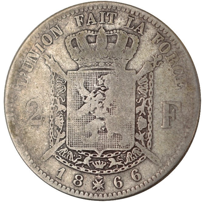 1866 Belgium 2 Francs - Léopold II (French legend; Silver)