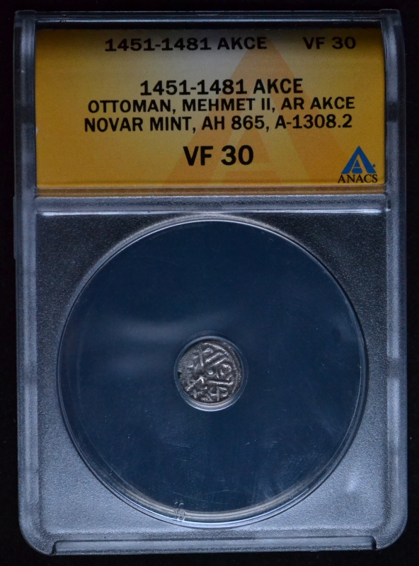 Ottoman, Mehmet II AR Akce Novar Mint 1451-1481 - ANACS VF 30