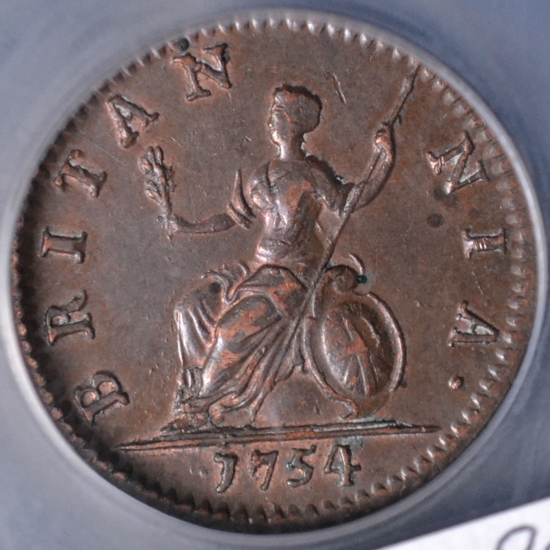 1754 Farthing Great Britain KM#581.2 - ICG AU53 3022990112