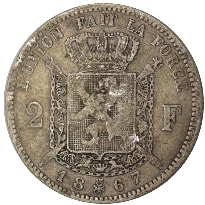 1867 Belgium 2 Francs - Léopold II (French legend; Silver)
