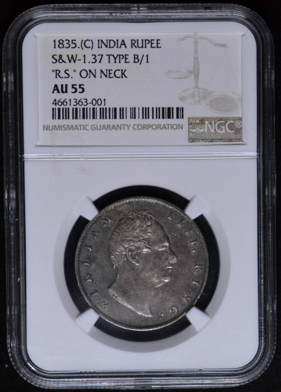 1835 India: British 1 Rupee - R.S. incused on Neck - NGC AU55