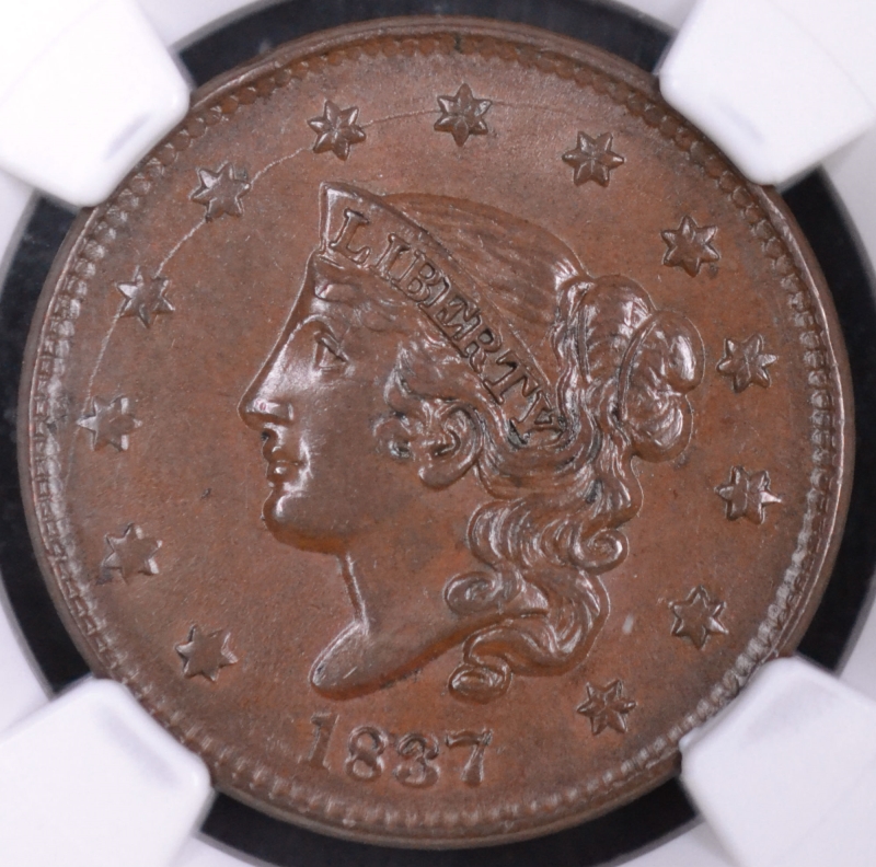 1837 Coronet Head Large Cent N-4 - NGC AU 58 BN 4720194-002