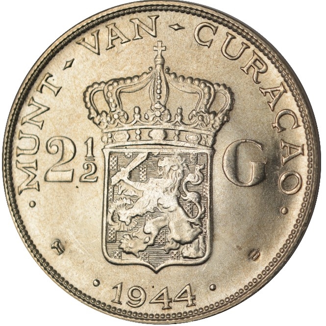 1944 Curacao 2 1/2 Gulden - Wilhelmina (Silver)