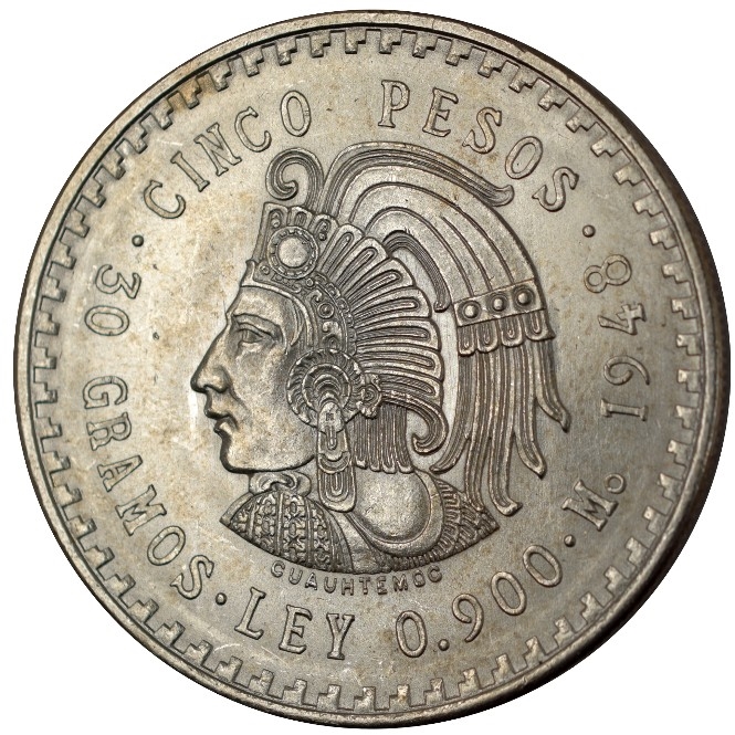 1948-Mo Mexico 5 Pesos - Aztec Chief Cuauhtemoc (Silver)