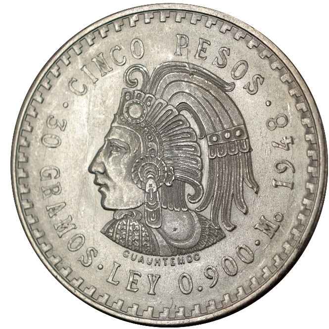 1948-Mo Mexico 5 Pesos - Aztec Chief Cuauhtemoc (Silver)