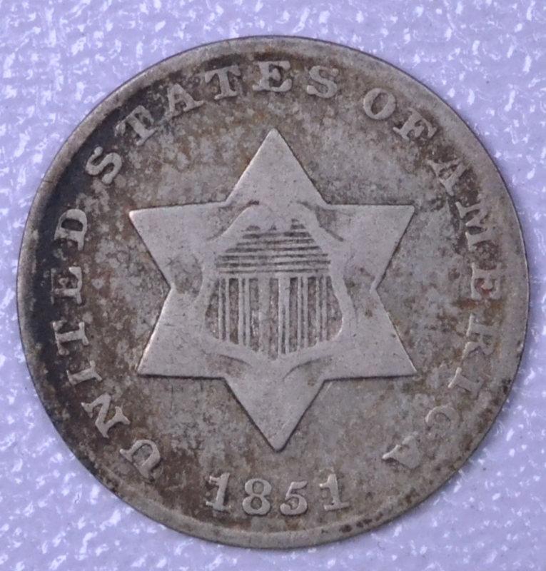 1851 3C Silver Three-Cent Piece Repunched "1" FS-301 - F