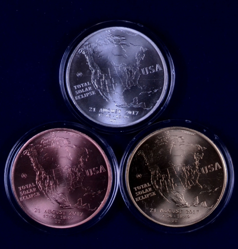 2017 Set of 3 Silver, Copper, & Brass Great American Eclipse Rounds