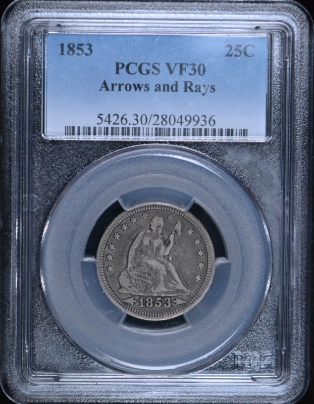 1853 25C SEATED LIBERTY QUARTER WITH ARROWS AND RAYS - PCGS VF30 28049936