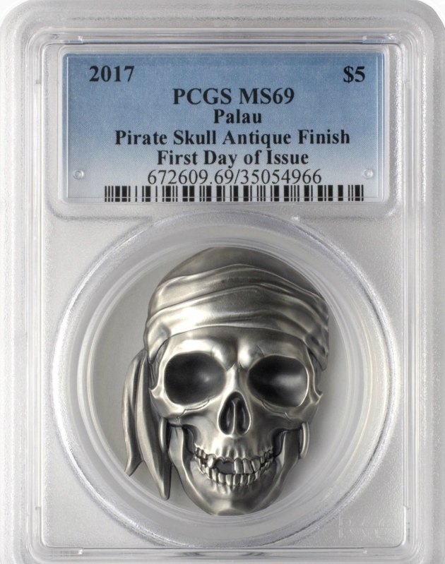 2017 1oz Silver $5 Palau Pirate Skull PCGS MS69