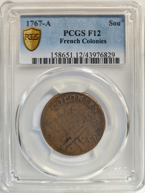 1767-A French Colonies 12 Deniers - Louis XV - PCGS F12