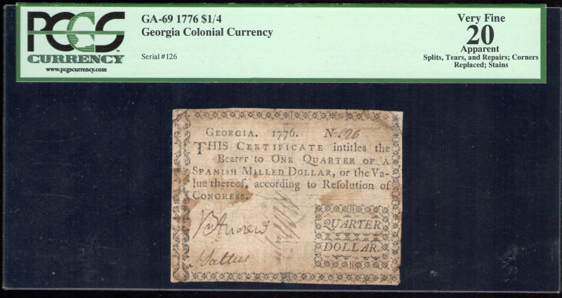 Georgia 1776 Quarter Dollar Georgia Colonial Currency PA-69 - PCGS VF20