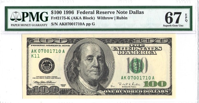 1996 $100 - U.S. Federal Reserve Note Dallas - PMG Superb Gem Unc 67EPQ