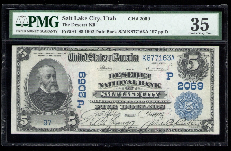 1902 5 The Deseret National Bank Of Salt Lake City Ut Fr 594 Pmg