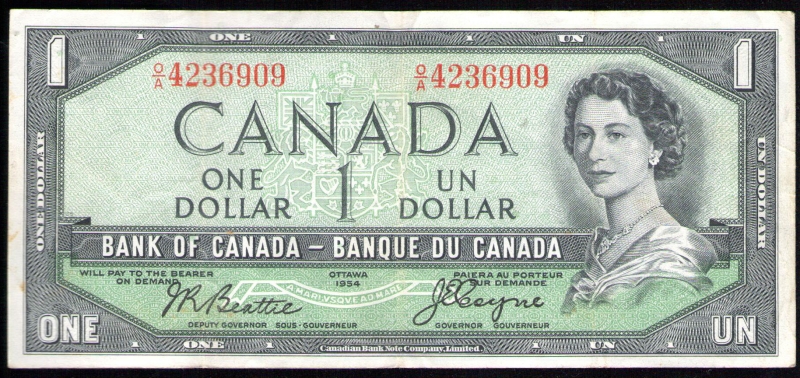 1954 $1 Canada "Devil Hair" Note K-66b - Extremely Fine