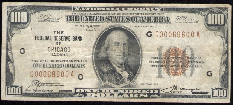 1929 $100 Federal Reserve Note Bank of Chicago, Illinois Fr. 1890-G - Very Fine