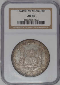 1744-MF Mexico 8 Reales - Felipe V - NGC AU58