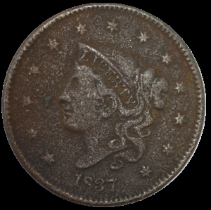 1837 U.S. 1¢ - Liberty Matron Head Large Cent - VF (Corrosion)