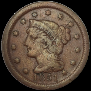 1851 U.S. 1¢ - Liberty Head Braided Hair Large Cent - F+
