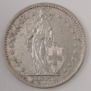 1875-B Switzerland 1 Franc (Silver) - Helvetia Standing