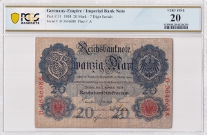 1908 Germany 20 Mark - Reichsbanknote - PCGS VF20 (Imperial Bank Note)