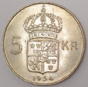 1954-TS Sweden 5 Kronor (Silver) - Gustaf VI Adolf (Edge Position A)