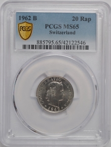 1962-B Switzerland 20 Rappen - Libertas - PCGS MS65