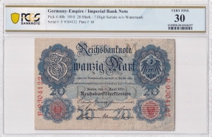 1910 Germany 20 Mark - Reichsbanknote - PCGS VF30