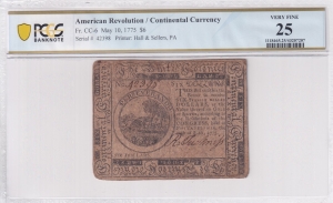 1775 United Colonies $6 - Continental Currency - PCGS VF25