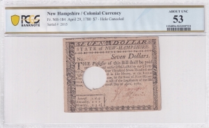 1780 New Hampshire $7 - Colonial Currency - PCGS AU53 (Hole Cancelled)